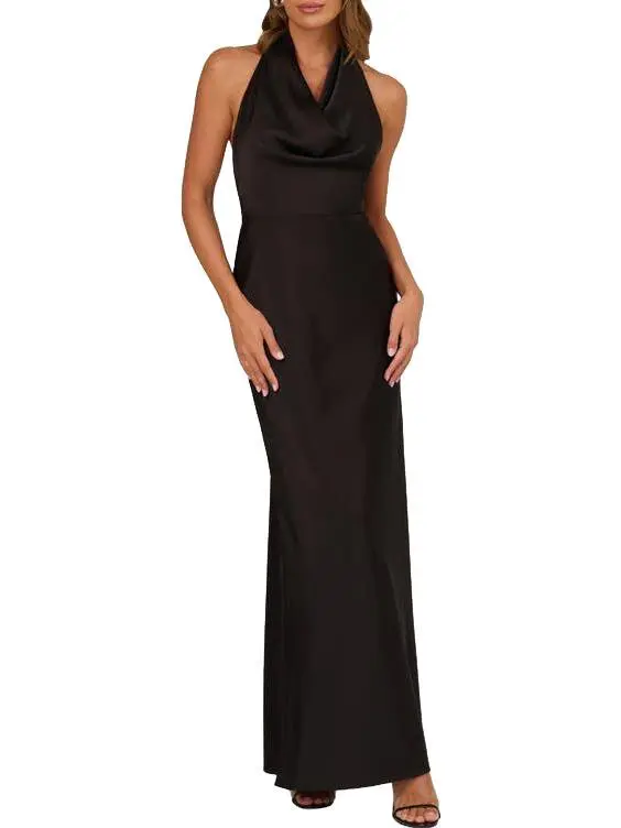 Adrianna Papell Cowl Neck Open Back Satin Gown - Black