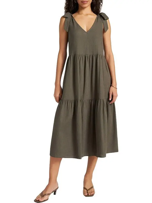 Matty M. Louisa Shoulder Tie Linen Blend Sundress - Dark Olive