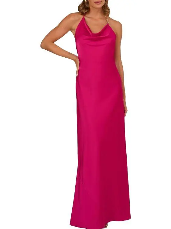 Adrianna Papell Open Back Satin Gown - Bright Rose