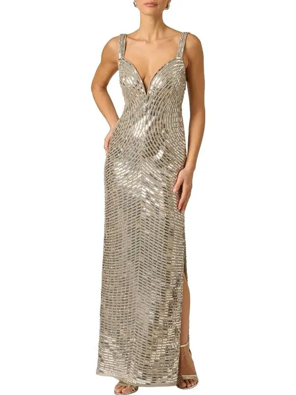 Adrianna Papell Beaded Open Back Gown - Silver