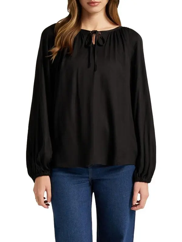 Matty M. Tie Neck Raglan Sleeve Top - Black