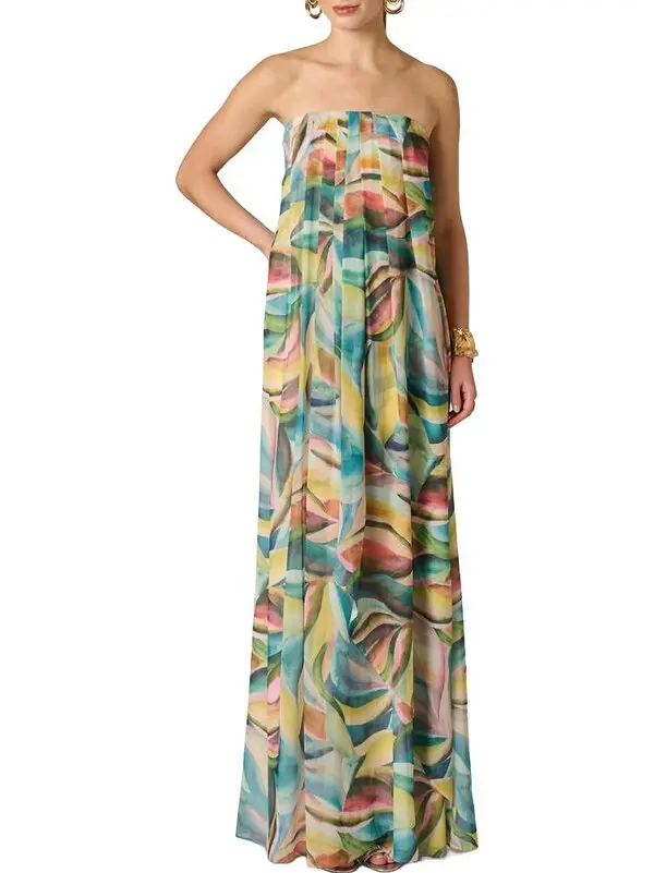 Adrianna Papell Print Strapless Chiffon Gown - Green Multi