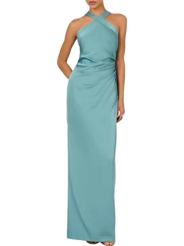 Adrianna Papell Ruched Drape Stretch Satin Gown - Blue Heaven