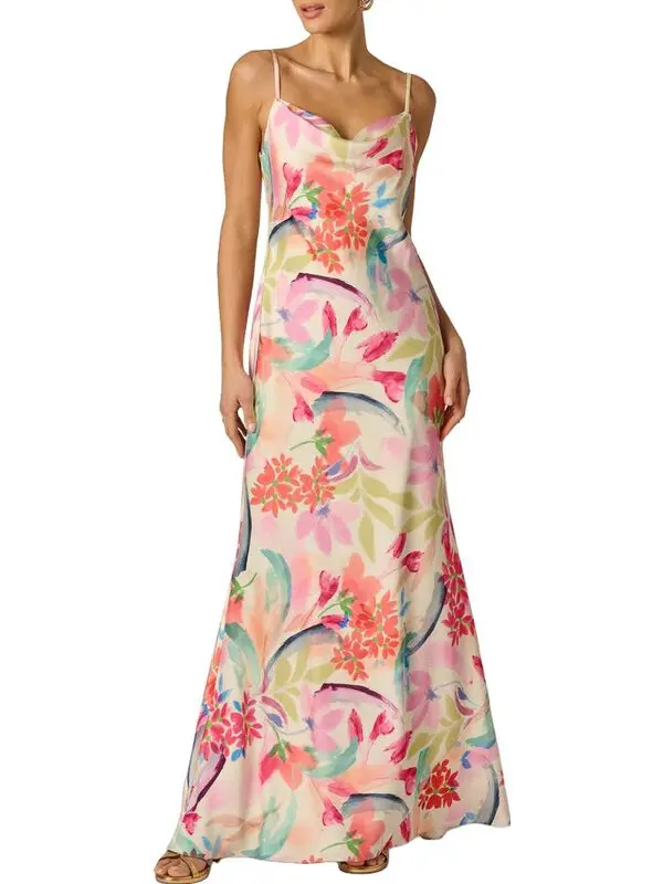 Adrianna Papell Floral Print Satin Maxi Dress - Ivory Multi