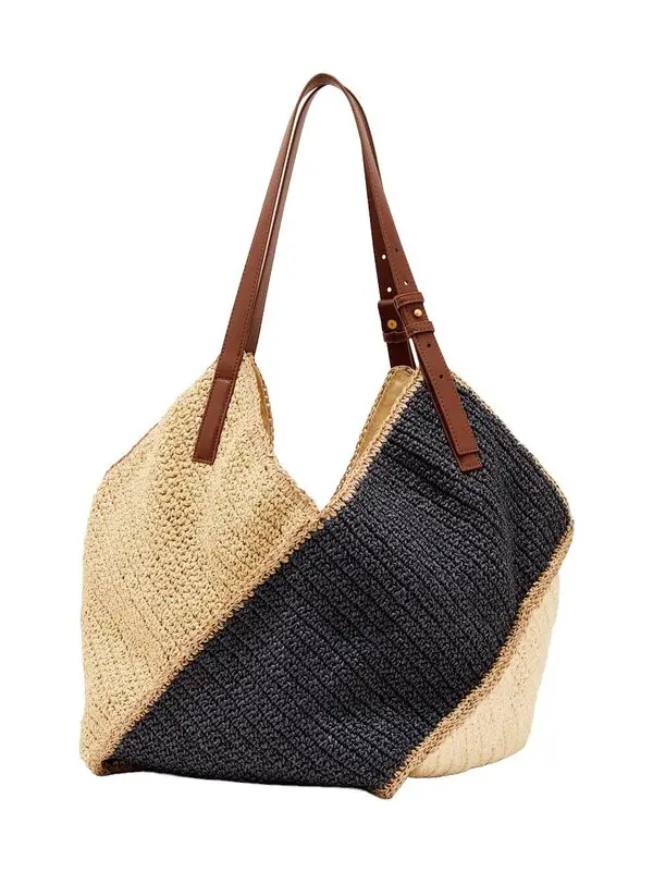 REISS Farrah Raffia Effect Colorblock Tote - Navy
