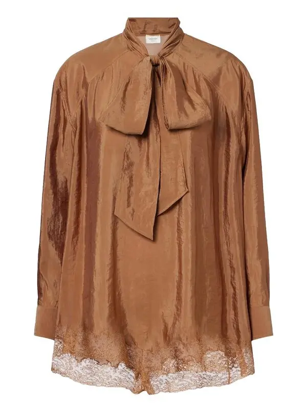 Saint Laurent Lace-trimmed Tie-neck Romper - Brown