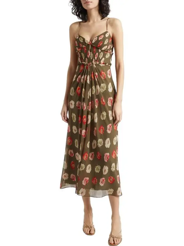 Cinq À Sept Floating Poppies Carline Slipdress - Dark Olive Multi