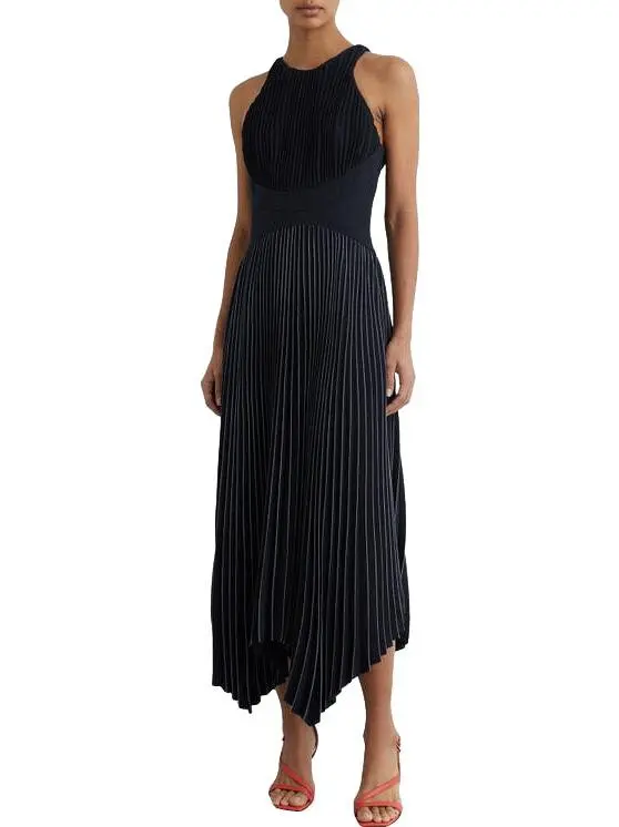 REISS Rachel Pleated Sleeveless Midi Dress - Navy