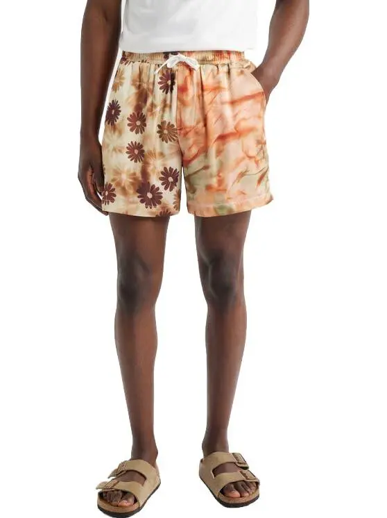RIZORT Floral Print Drawstring Waist Shorts - Orange