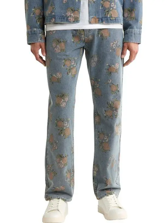 RIZORT Floral Print Straight Leg Jeans - Indigo