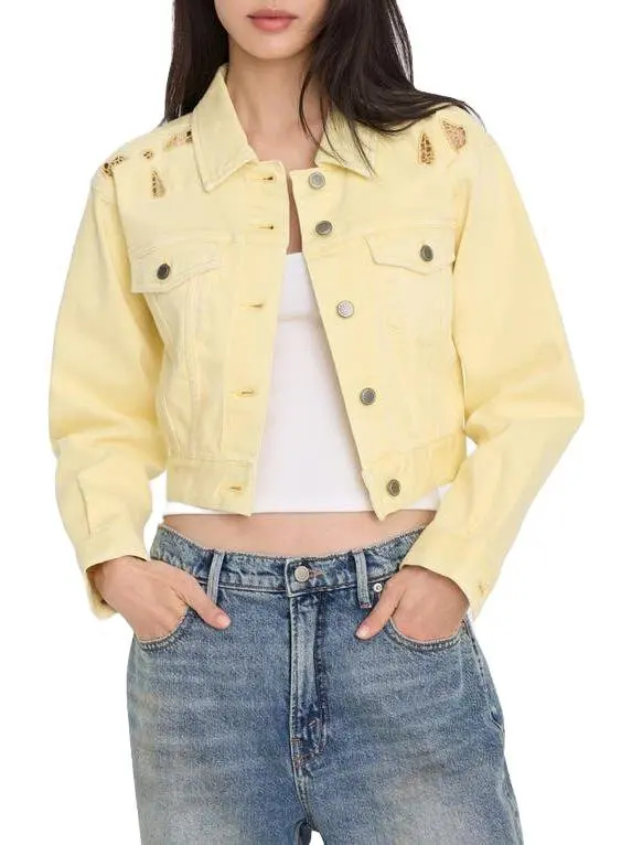Good American Embroidered Eyelet Denim Jacket - Anise Yellow