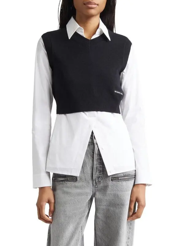 Alexander Wang Stretch Cotton Shirt & Wool Blend Sweater Vest - Black/white
