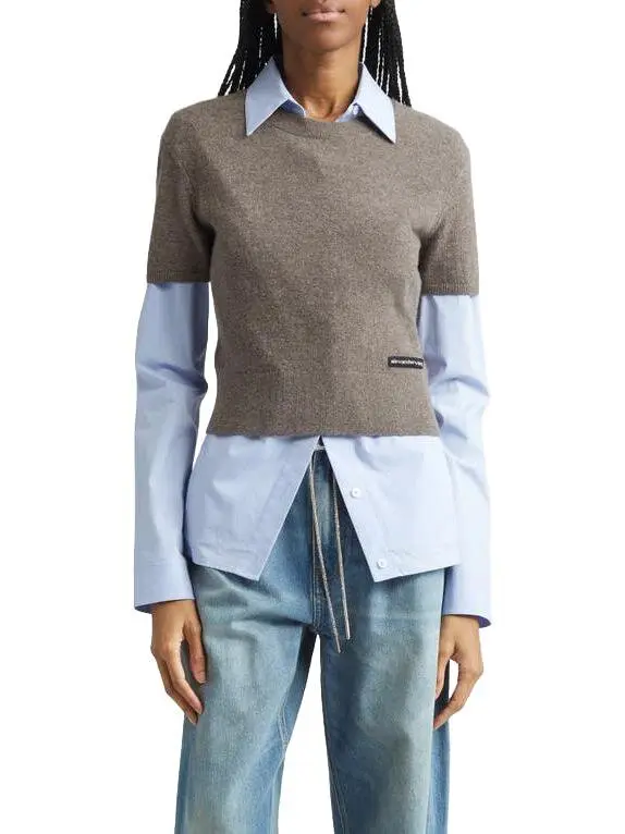 Alexander Wang Stretch Cotton Shirt With Short Sleeve Wool Blend Sweater - Brown/blue