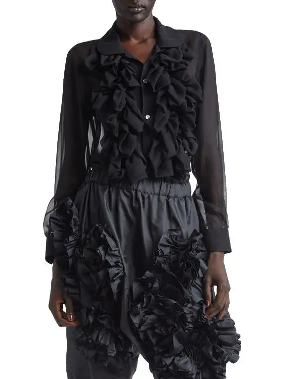 Comme Des Garçons Ruffle Sheer Crepe Button-up Shirt - Black