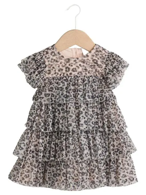 NEXT Leopard Print Ruffle Mesh Dress - Beige Multi