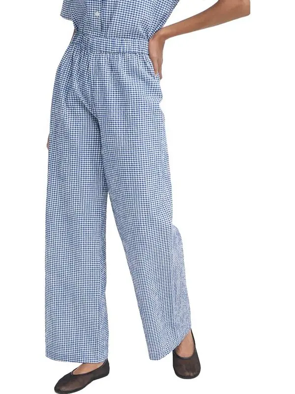 ICHI Check Print Wide Leg Pants - Sodalite Blue/whitecheck