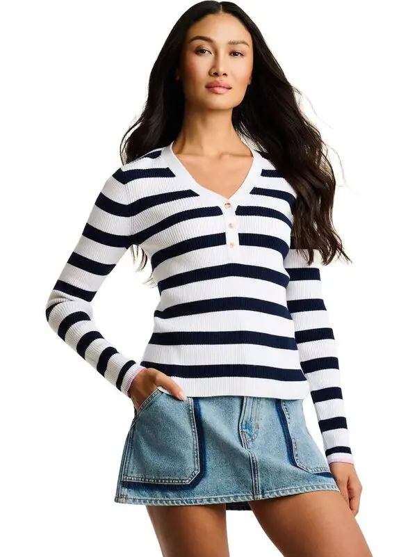 Lisa Todd Lucky Stripe Cotton Henley - White Navy