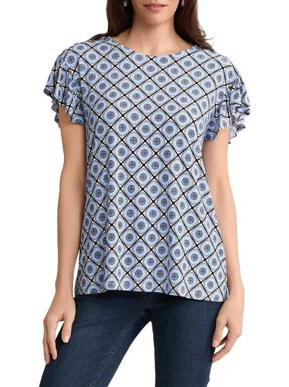 Jones New York Printed Flutter Sleeve Top - Blue Breeze Multi