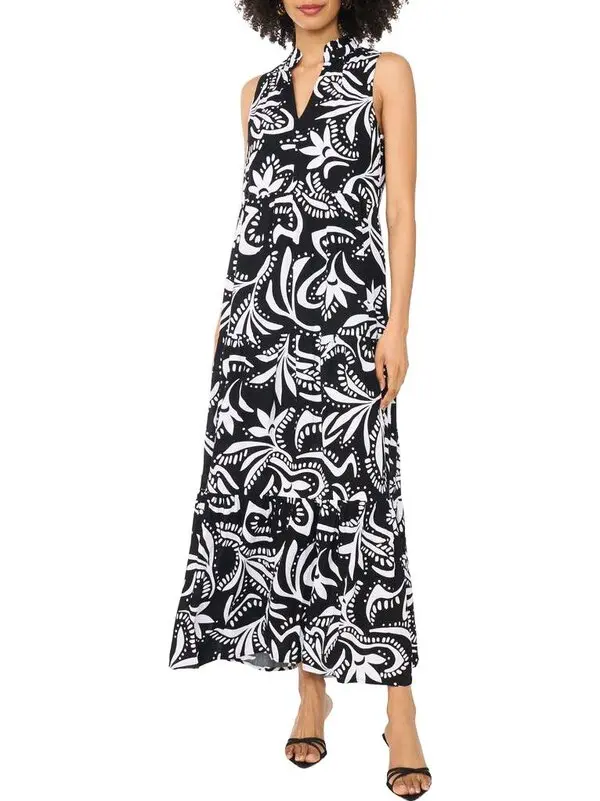 Vince Camuto Printed Sleeveless Tiered Maxi Dress - Rich Black