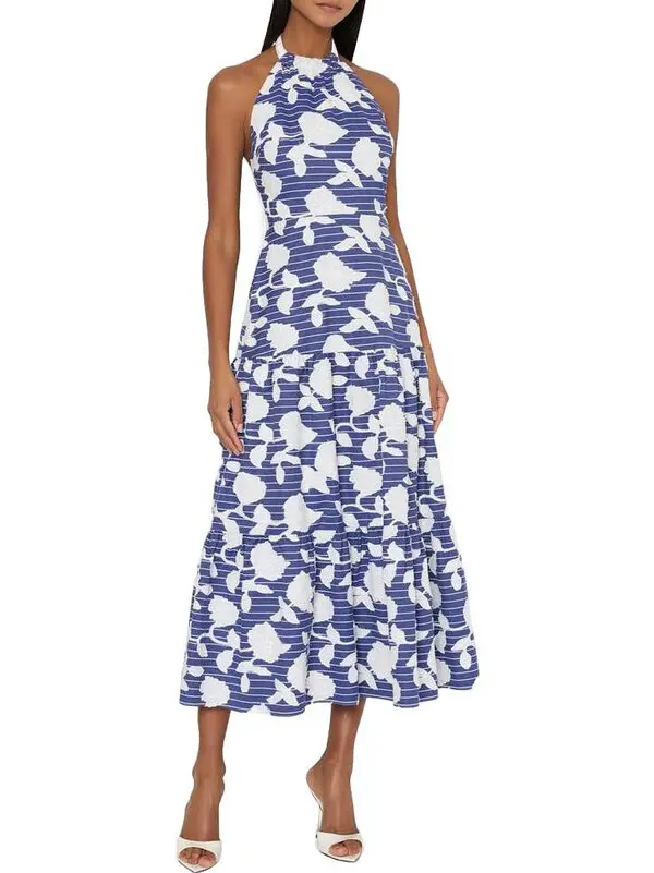 MILLY Hayden Floral Embroidered Halter Midi Dress - Blue/white
