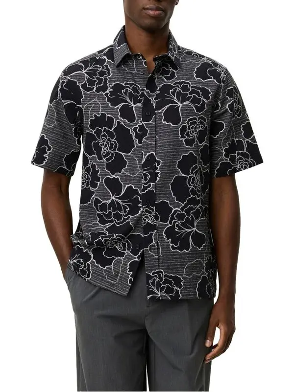 LES DEUX Charlie Poppy Pattern Short Sleeve Knit Cotton Blend Button-up Shirt - Black