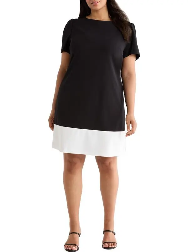 KASPER Short Sleeve Colorblock Shift Dress - Black/lily White