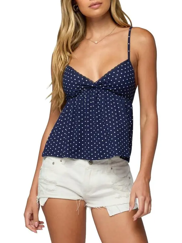 EDIKTED Polka Dot Lace Trim Top - Navy-and-white