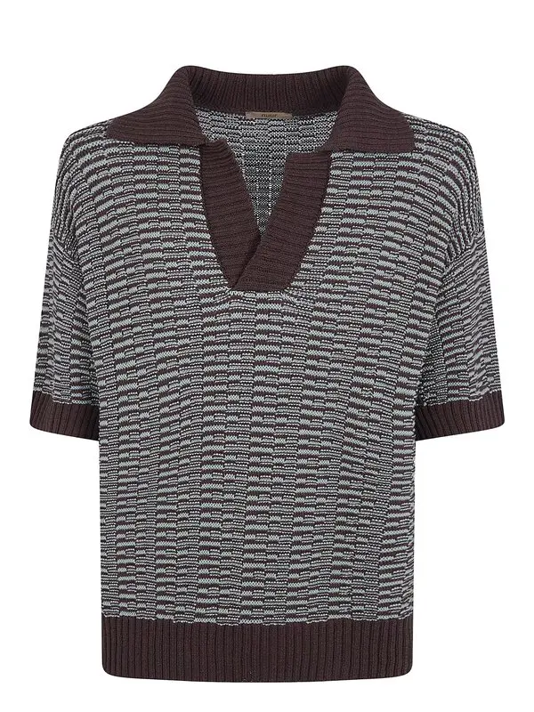 NUUR Two Tone Striped Short Sleeved Polo Neck T-shirt - Brown