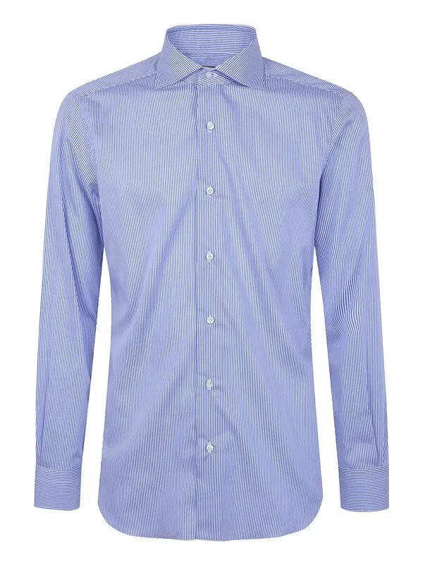 BARBA NAPOLI Classic Cotton Twill "stright Bacchetta" Shirt - Blue