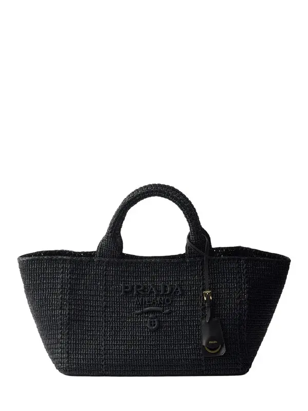 Prada Large Crochet Tote Bag With Leather Details - Black