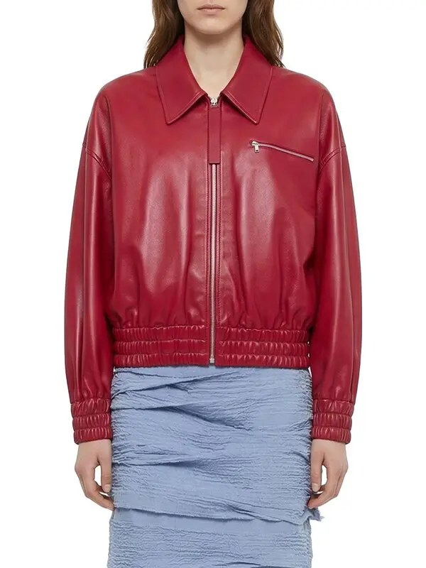 JIL SANDER Leather Bomber Jacket - Red