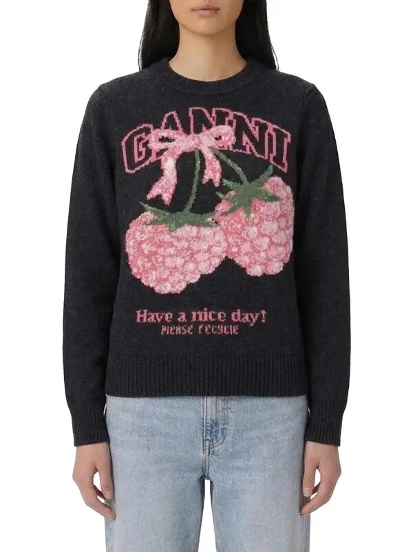 GANNI Recycled Wool Blend Crew Neck Pullover - Charcoal