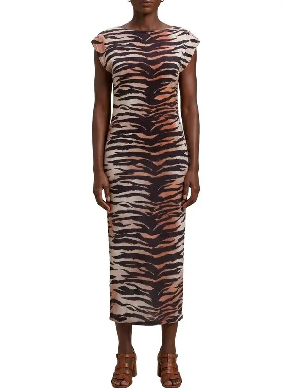 Pinko Tiger Print Cotton Blend Midi Dress - Black