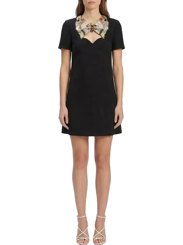 Valentino Garavani Mini Dress In Virgin Wool And Silk With Rhinestones - Black