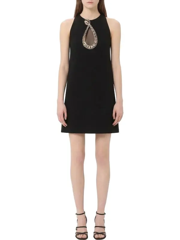Valentino Garavani Wool And Silk Mini Dress With Rhinestone Embellishments - Black