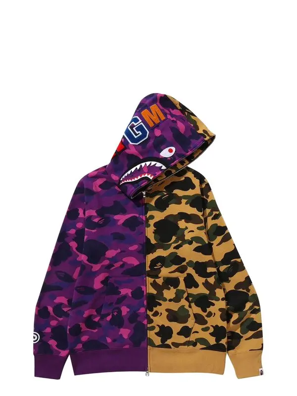 A BATHING APE Split Camo Shark Full Zip Hoodie - Purple