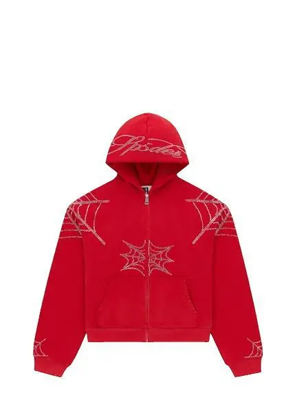 SP5DER Rhinestone Web Zip Hoodie - Red