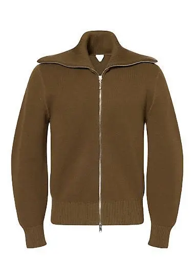 Bottega Veneta Oversized-collar Ribbed Wool-and-cotton Cardigan - Dark Moss