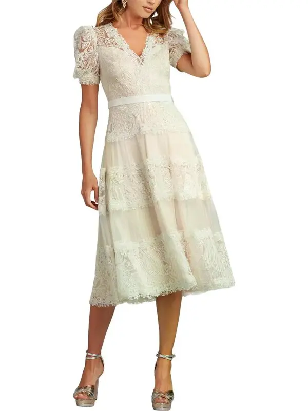 Tadashi Shoji Belline Lace Tiered Dress - Neutrals