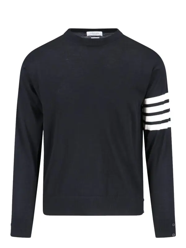 Thom Browne 4-bar Crew Neck Sweater With Button Cuffs - Obsidian