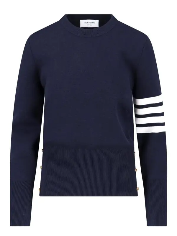 Thom Browne 4-bar Crew Neck Sweater With Button Cuffs - Blue