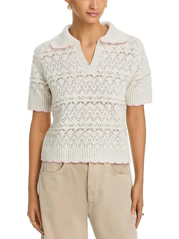 Aqua Pointelle Polo Sweater - White/beach Pink
