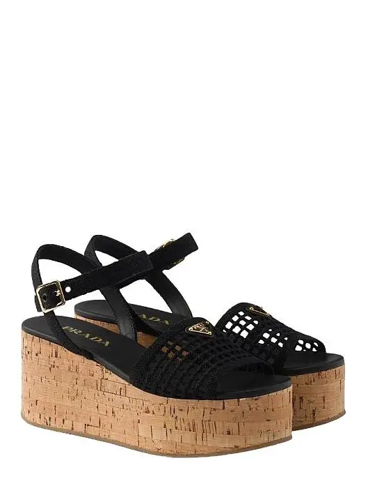 Prada Crochet Wedge Platform Sandals - Black