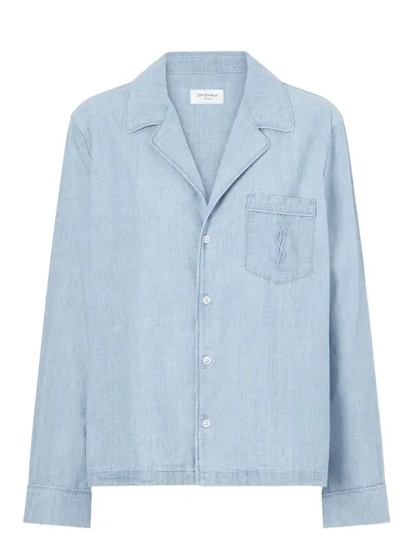Saint Laurent Cassandre Logo-embroidered Cotton-chambray Shirt - Blue