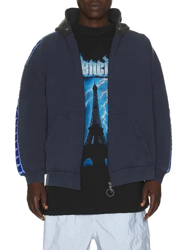 Balenciaga Patched Zip Up Hoodie - Wash Navy & Wash Black