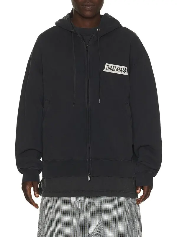 Balenciaga Over Zip Up Hoodie - Faded Washed Black