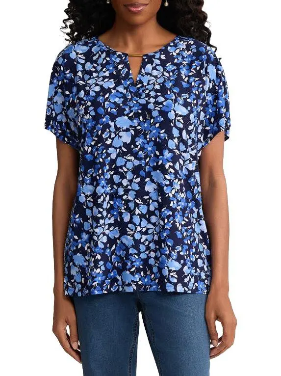 Jones New York Floral-print Jersey Top - Pacific Navy Multi
