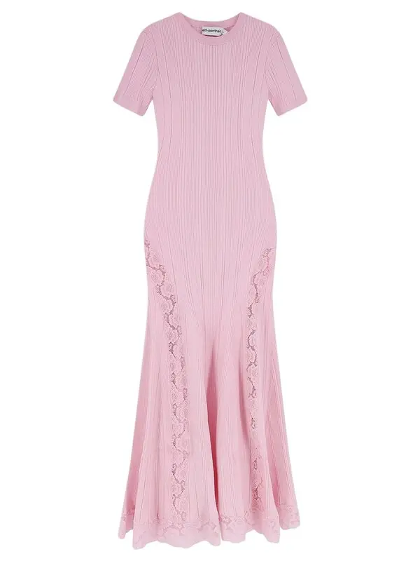 SELF-PORTRAIT Knit Lace Insert Midi Dress - Pink