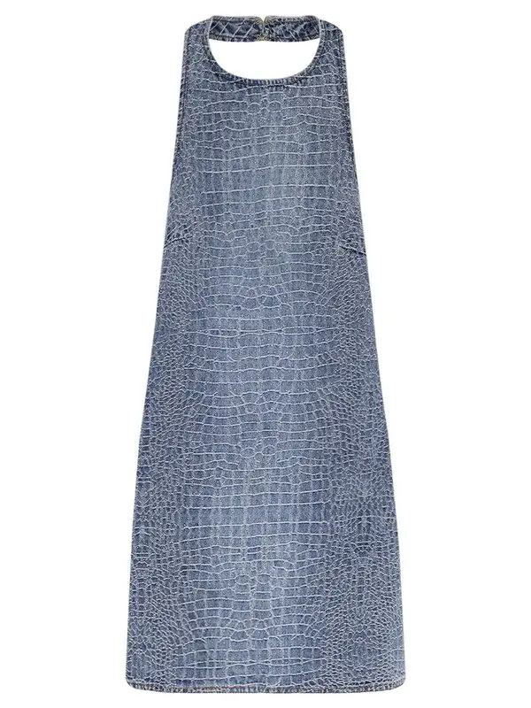 SELF-PORTRAIT Rhinestone Croc-effect Denim Dress - Blue