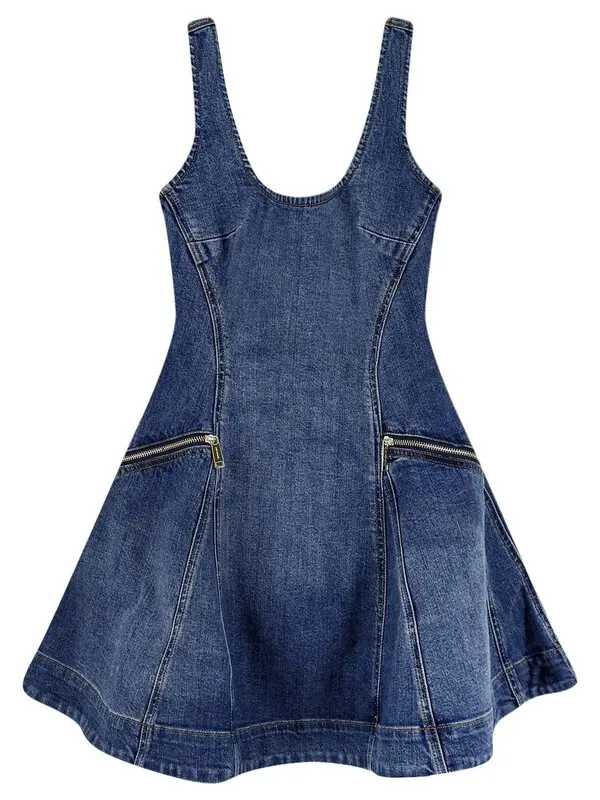 SELF-PORTRAIT Flared Denim Mini Dress - Blue